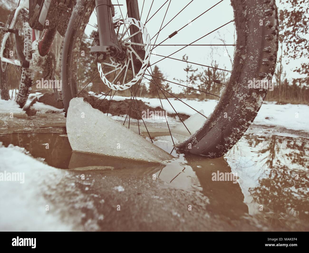 Mudd and water drops on bike tyre. Winter free ride in snowy landscape ...