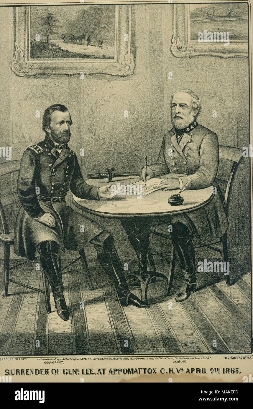 Print of Generals Robert E. Lee and Ulysses S. Grant seated at a table ...