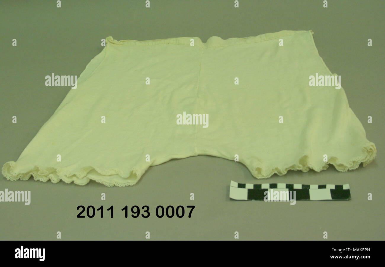 Women's white cotton knit drawers with lace at leg openings and button ...