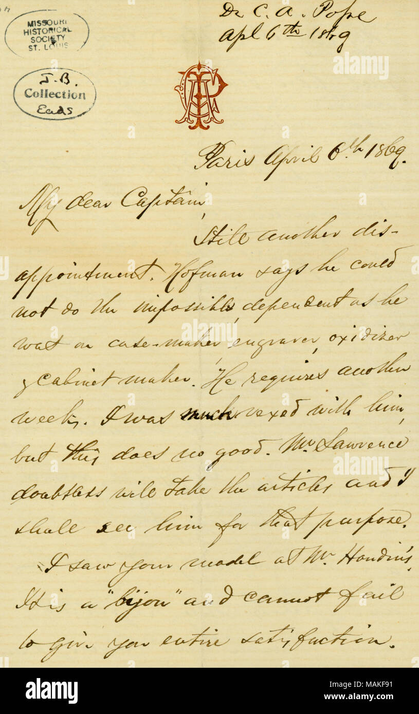Letter from Chas. A. Pope to Captain [Eads], April 6, 1869 . 6 April ...