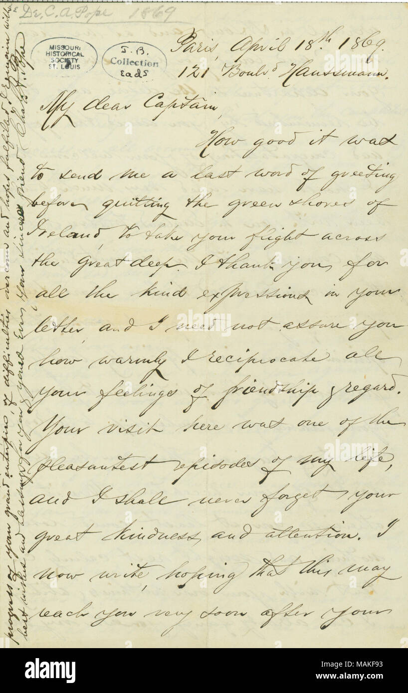 Letter from Chas. A. Pope to Captain [Eads], April 18, 1869 . 18 April ...