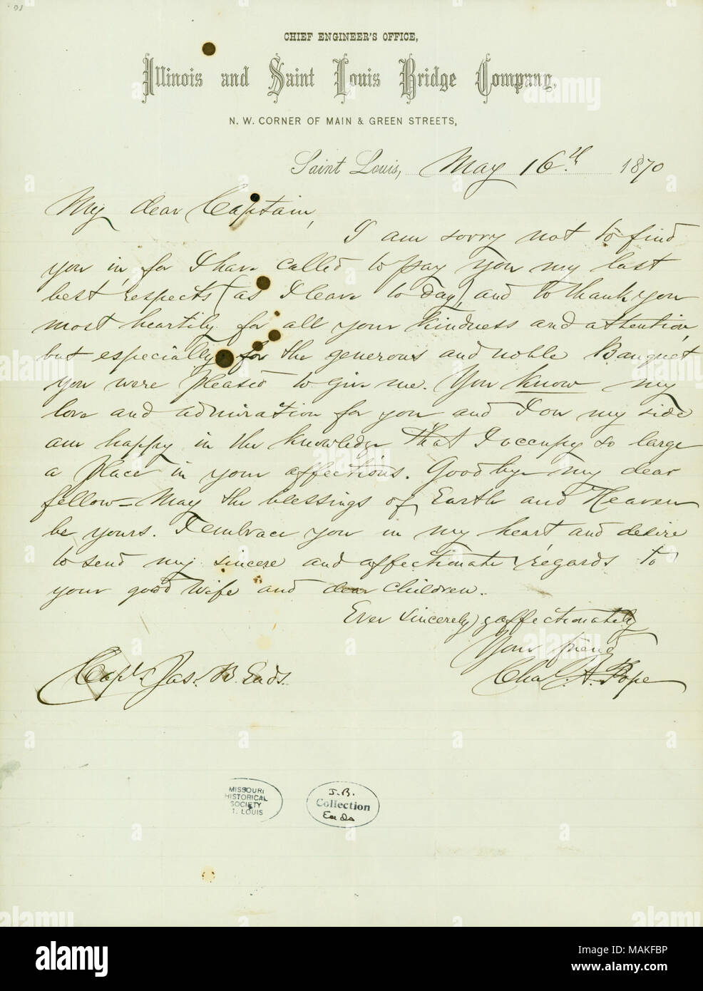 Letter from Charles A. Pope to Jas. B. Eads, May 16, 1870 . 16 May 1870 ...