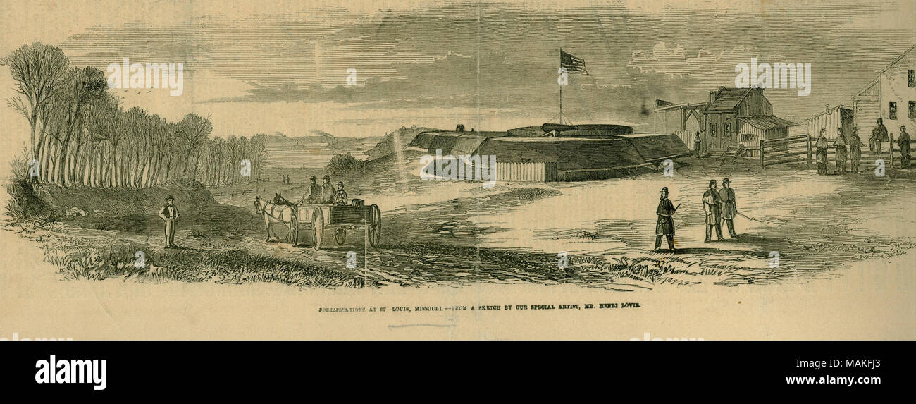 Print of a small outpost with one cannon visible and a U.S. flag ...