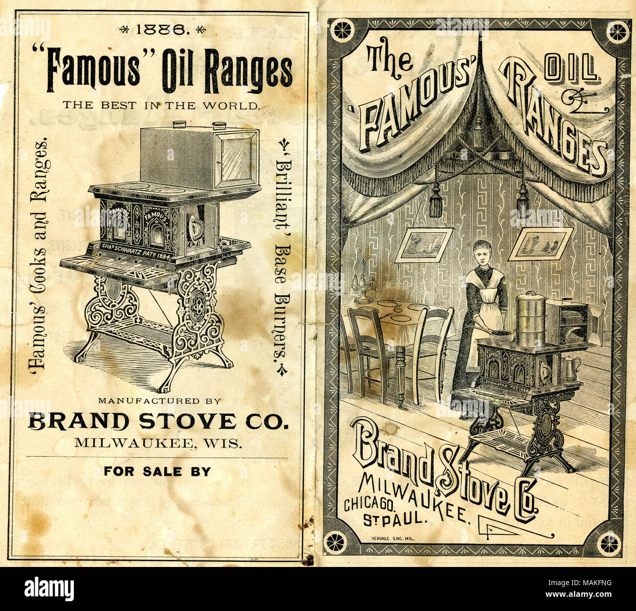 Advertises Brand Stove Co.'s 'Famous' oil stoves and ranges. Includes ...