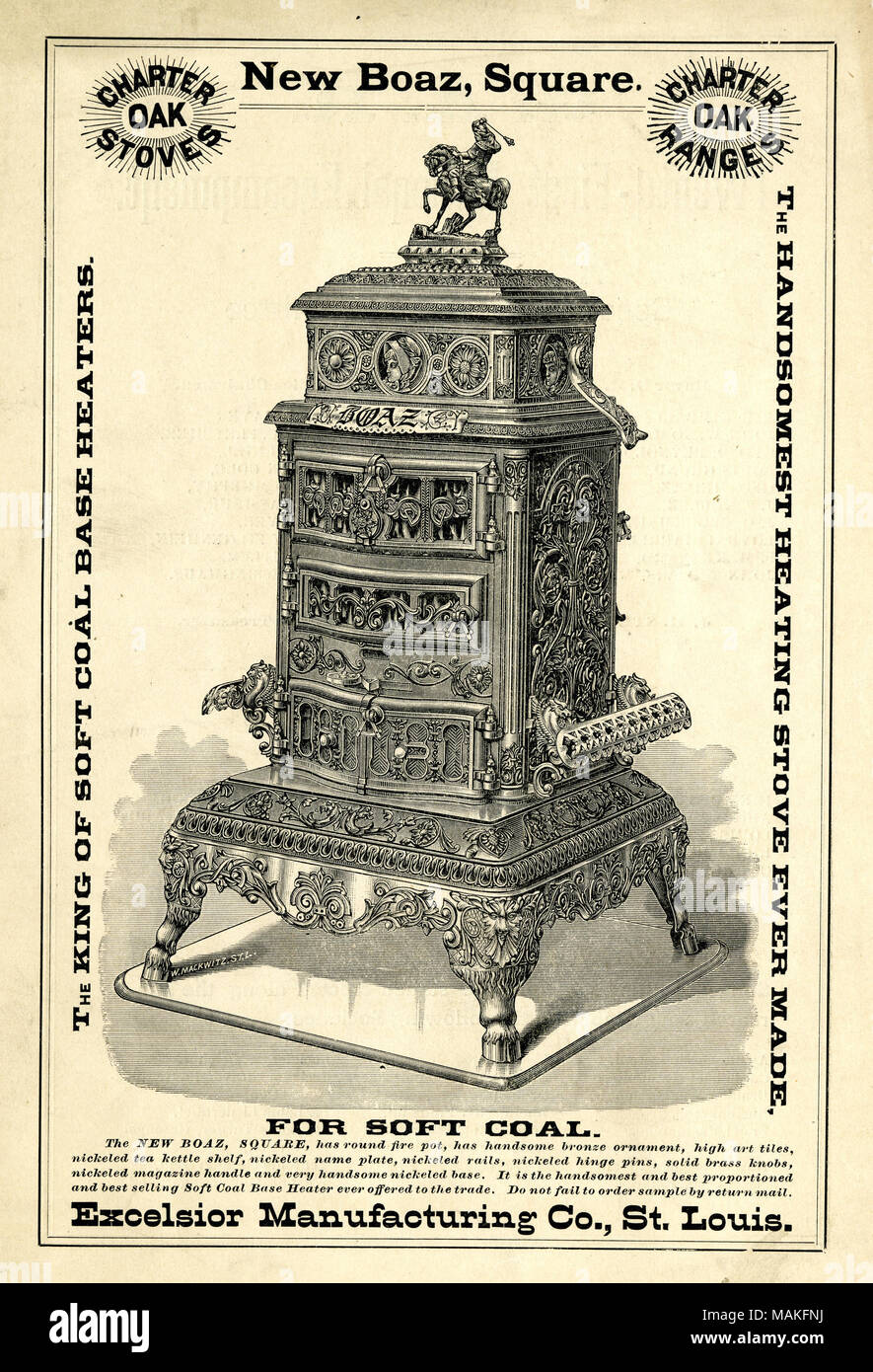 Advertises the 'New Boaz, Square' stove. Includes illustration of the ...