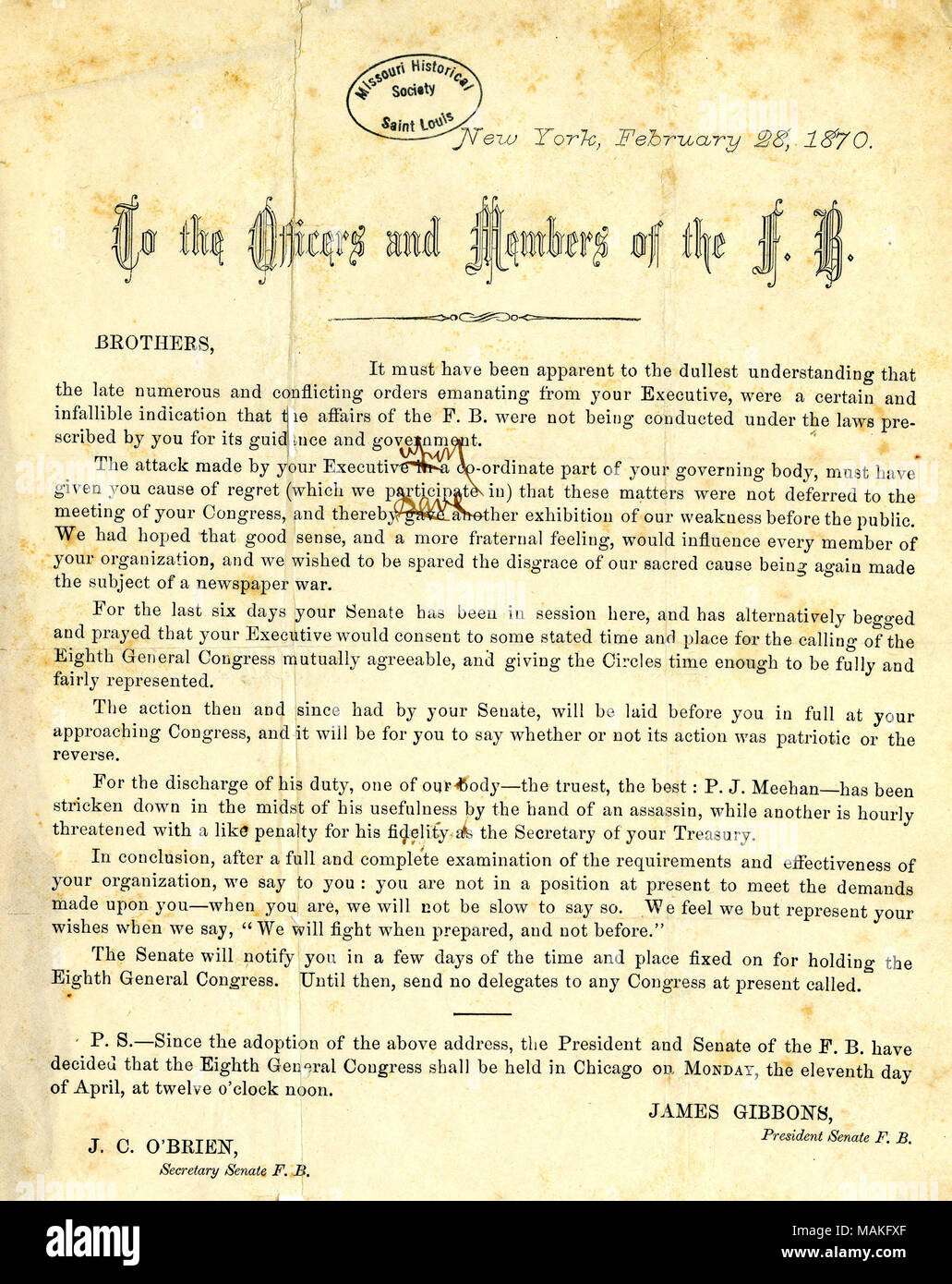 Title: Circular letter of James Gibbons and J. C. O'Brien, 'To the ...