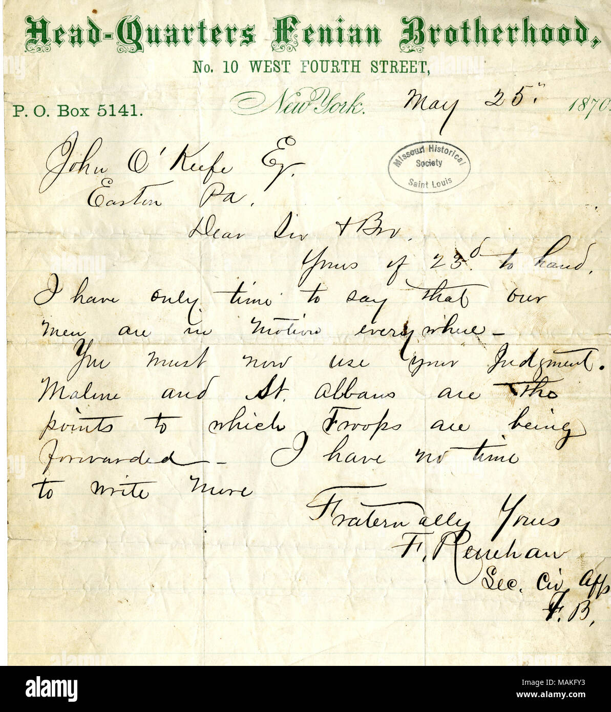 Title: Letter signed F. Renehan, Headquarters, Fenian Brotherhood, New ...