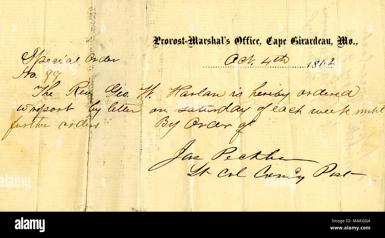 Title: Special Order No. 88, signed Jas. [James] Peckham, Provost ...