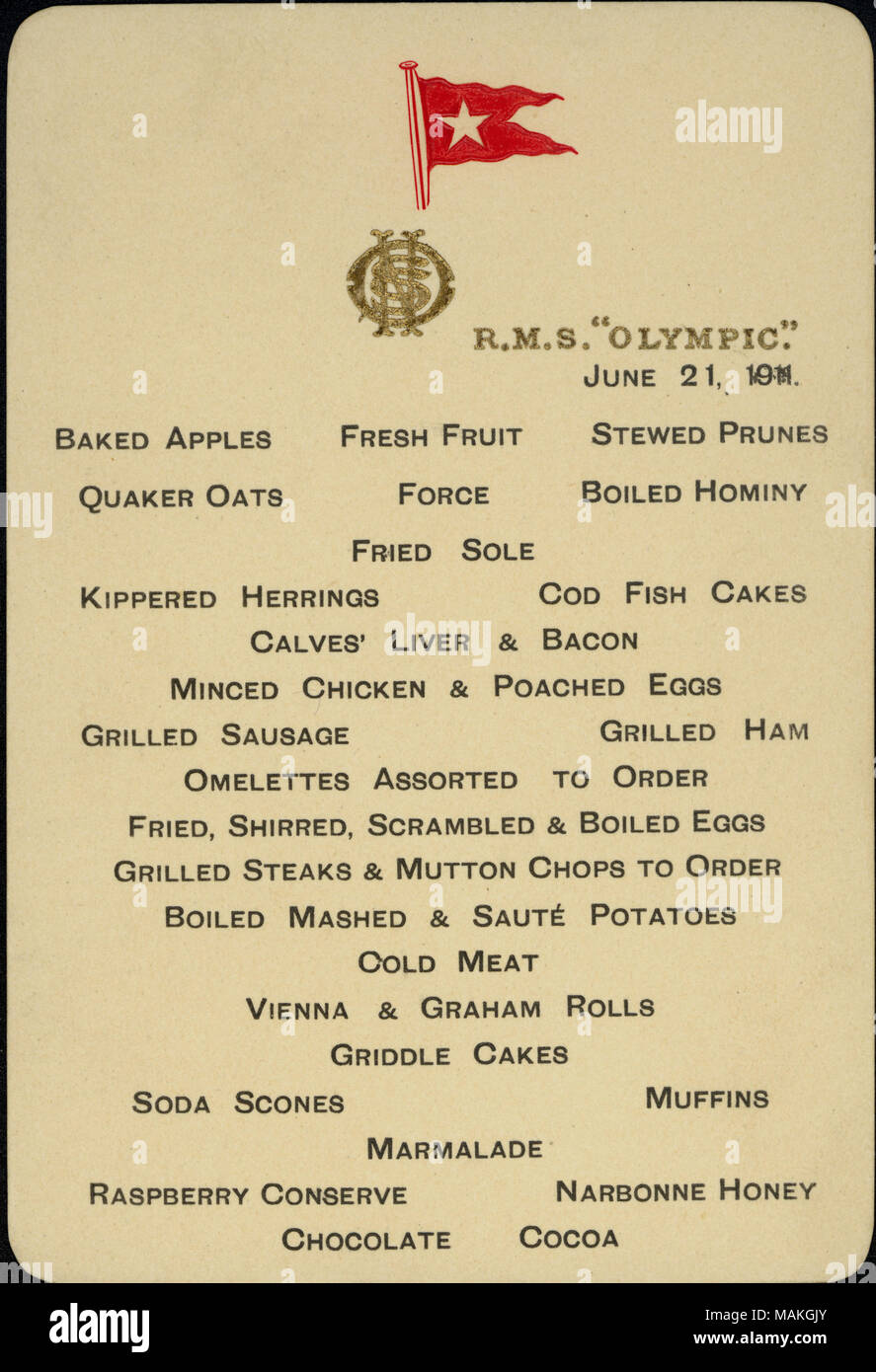 Title: Menu card for the R. M. S. Olympic, June 21, 1911 . 21 June 1911 ...