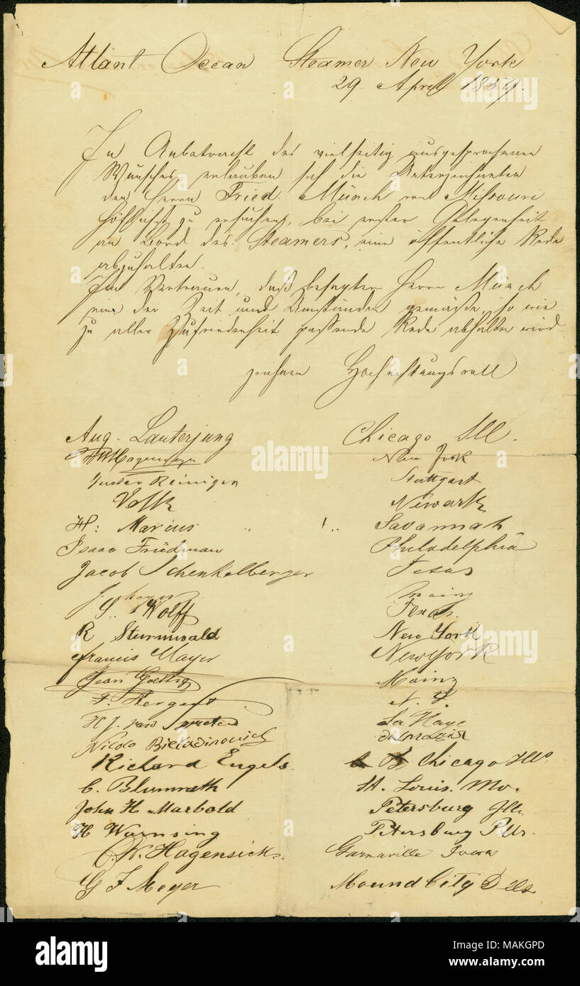 Title: Statement of ship passengers thanking Friedrich Muench for a ...