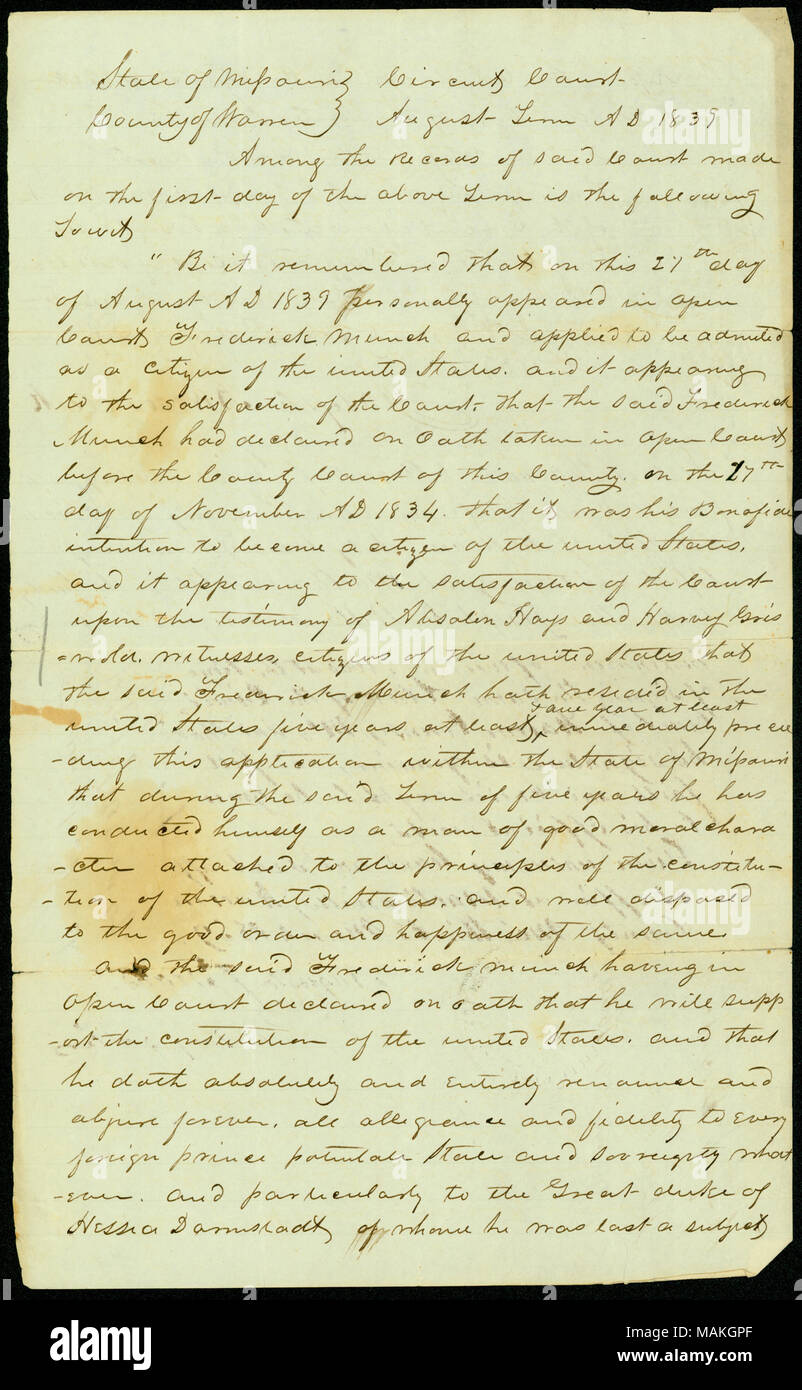 Title: Citizenship document for Friedrich Muench, August 21, 1839 . 21 ...