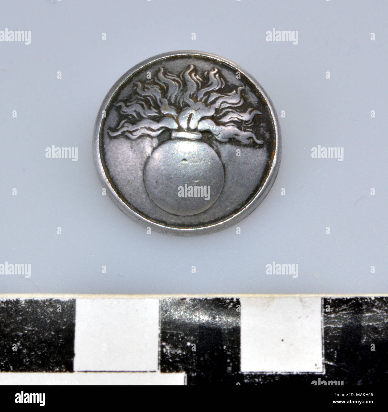 World War I French Infantry aluminum button. Button has flaming grenade ...