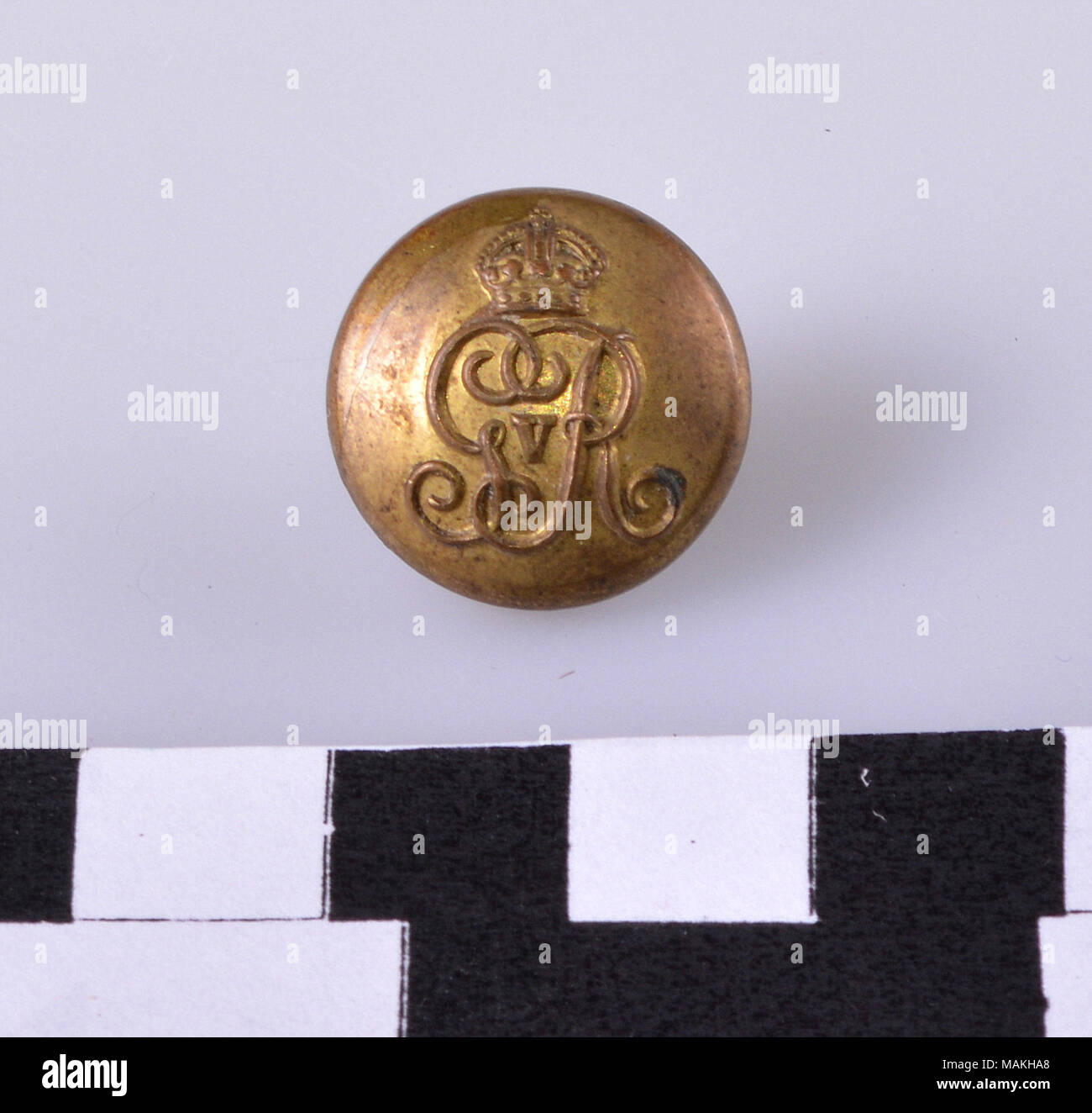 World War I, British, King George 5th cypher domed brass button made by ...