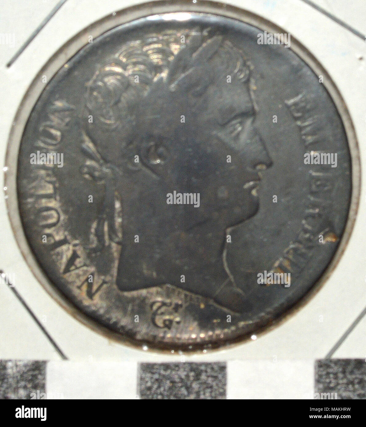 Silver one Franc coin depicting Napoleon I. Minted in Limoges, France ...