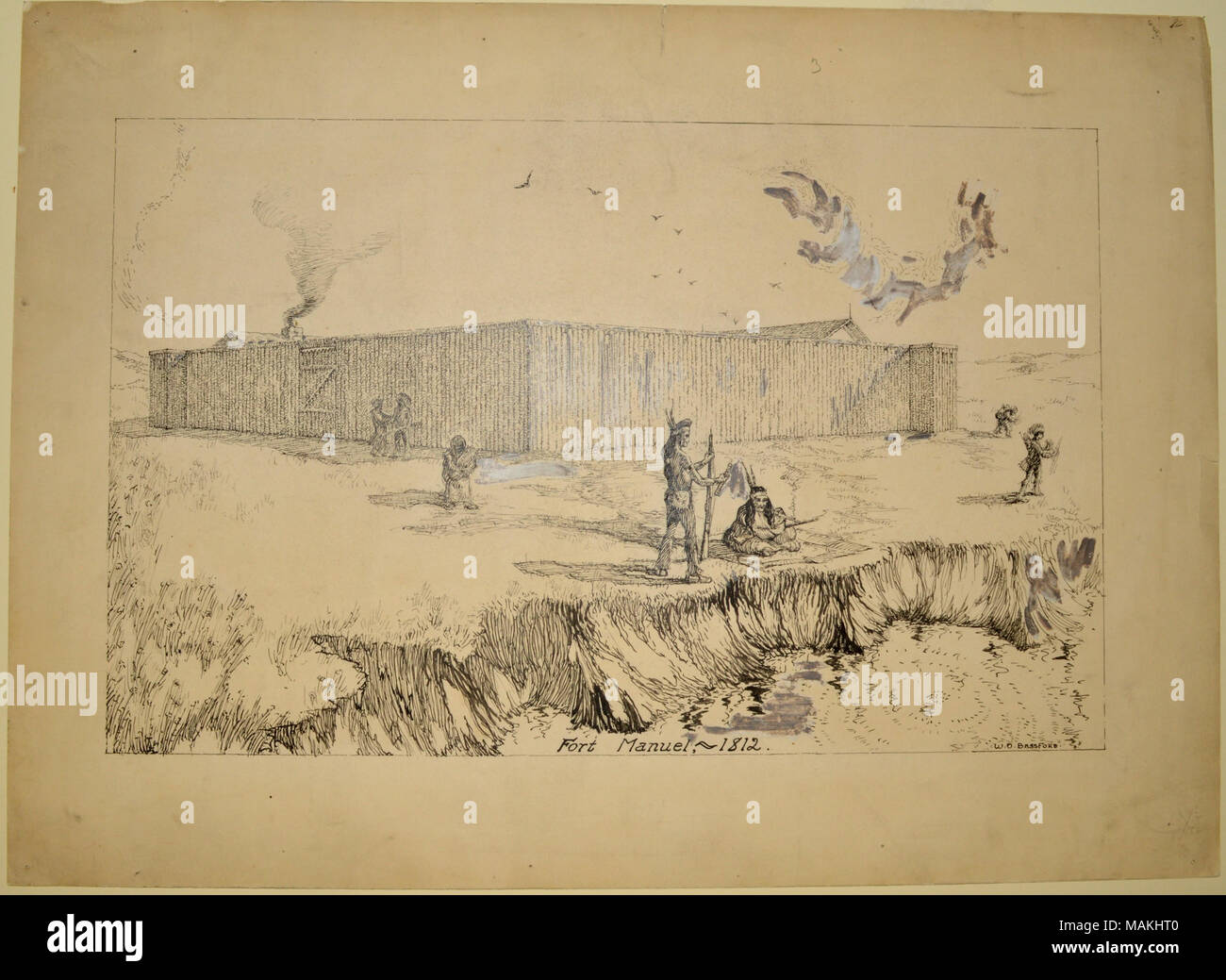 Ink drawing of Fort Manuel in 1812 by Wallace O. Bassford. Bassford was ...