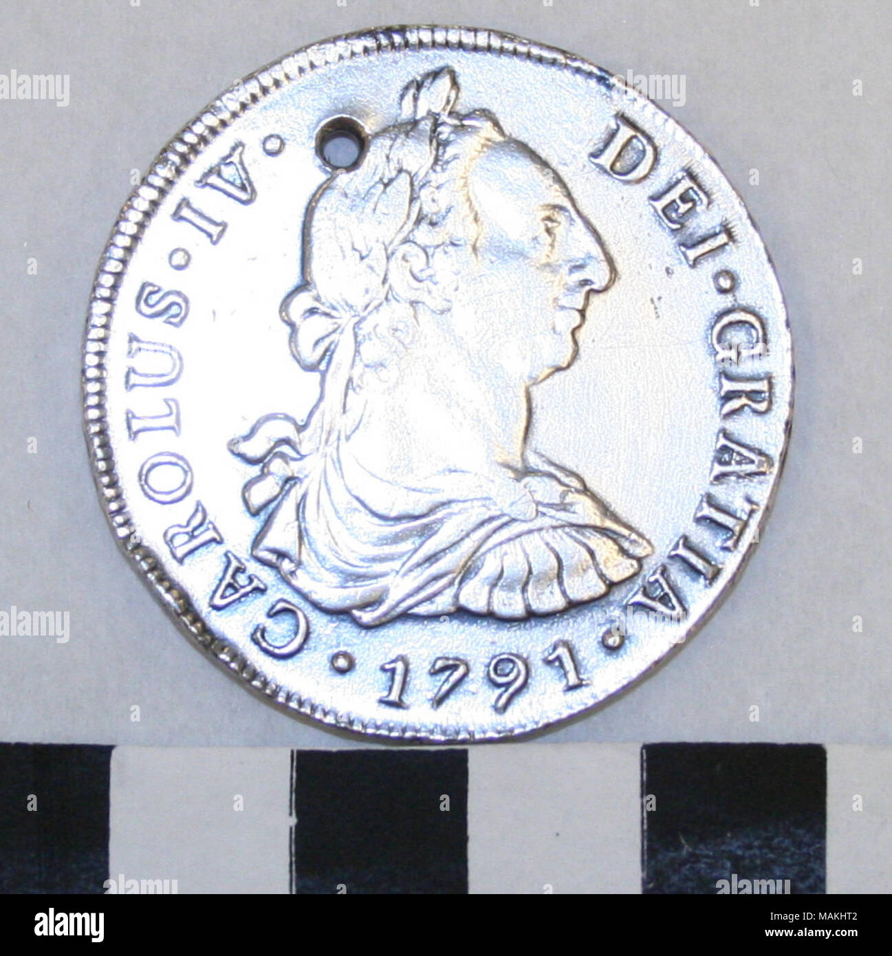 Silver Spanish Eight Reales coin minted in Lima, Peru in 1791. Title ...