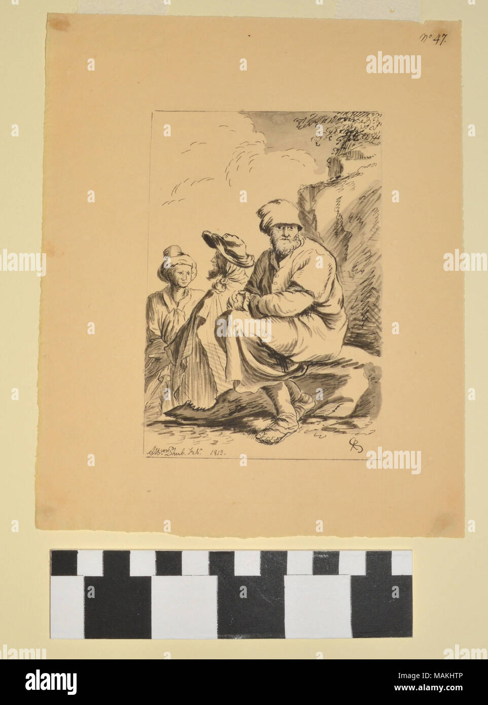 Ink drawing study of three men seated by Anna Maria von Phul. The ...