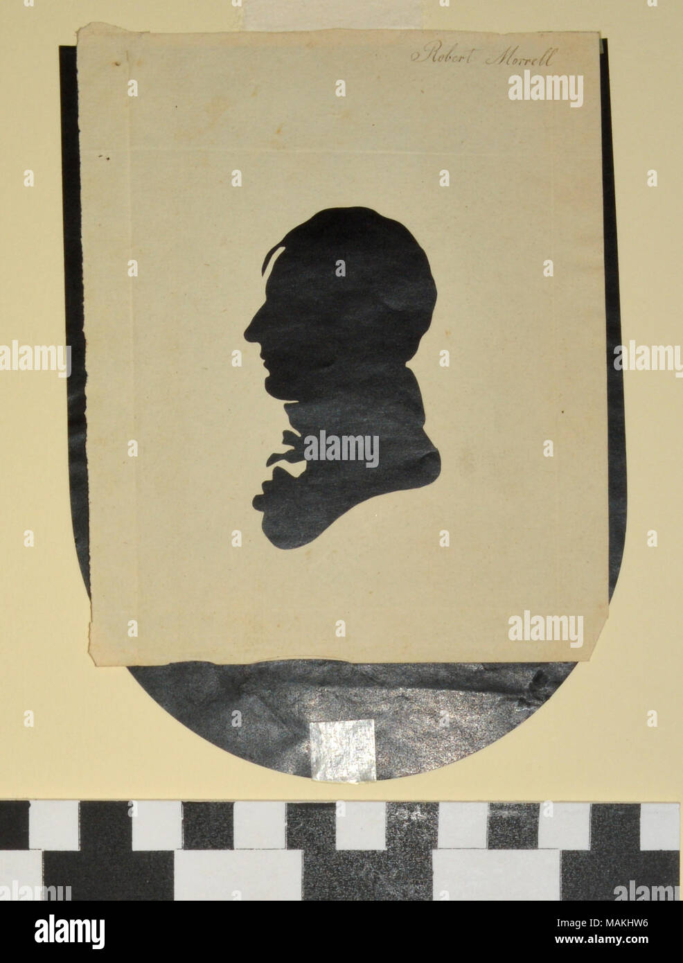 Silhouette cut from paper of Robert Morrell in profile looking left ...