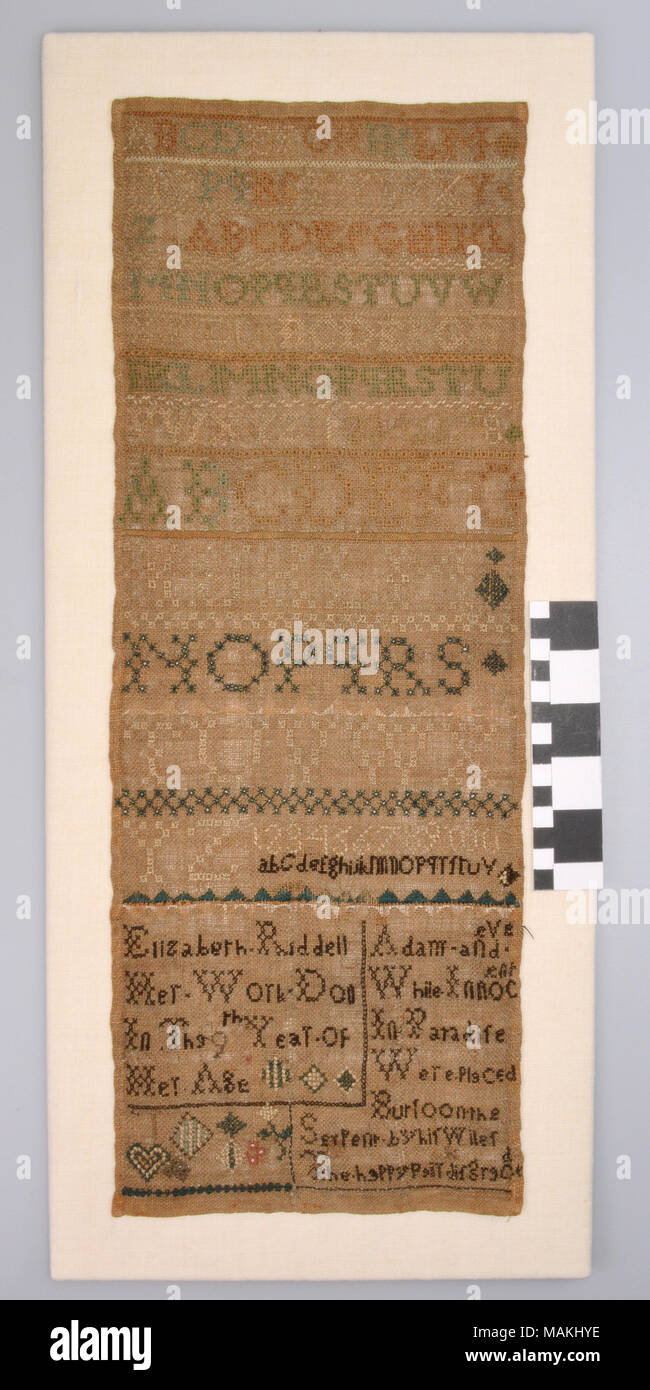 Sampler worked in cross stitch by Elizabeth Riddell in 1807, age 9 ...