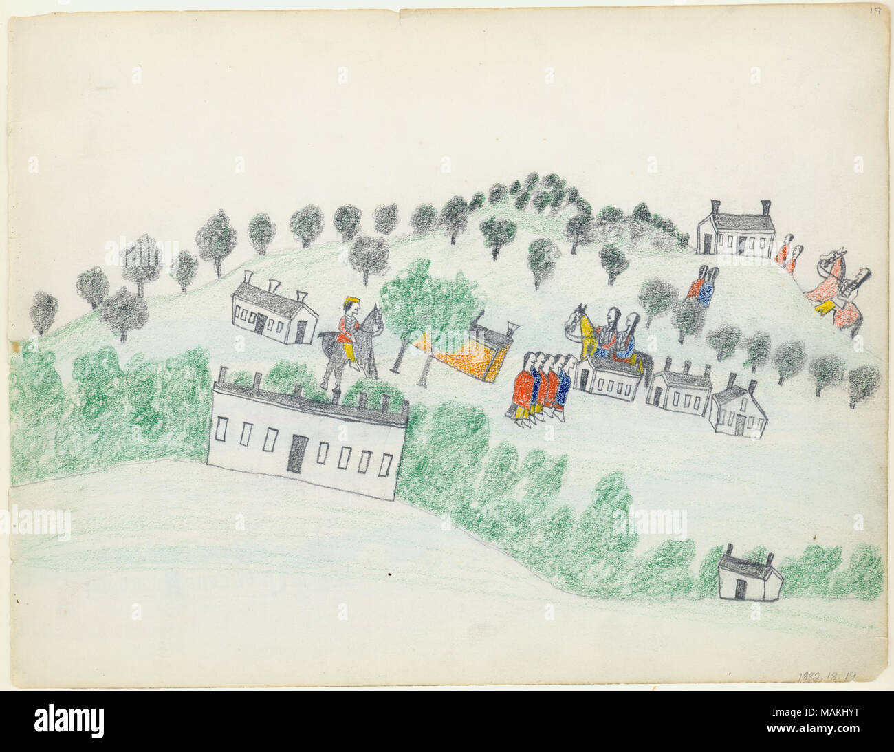 Pencil and crayon drawing of Fort Sill, Oklahoma by Kiowa artist Wo-Haw ...
