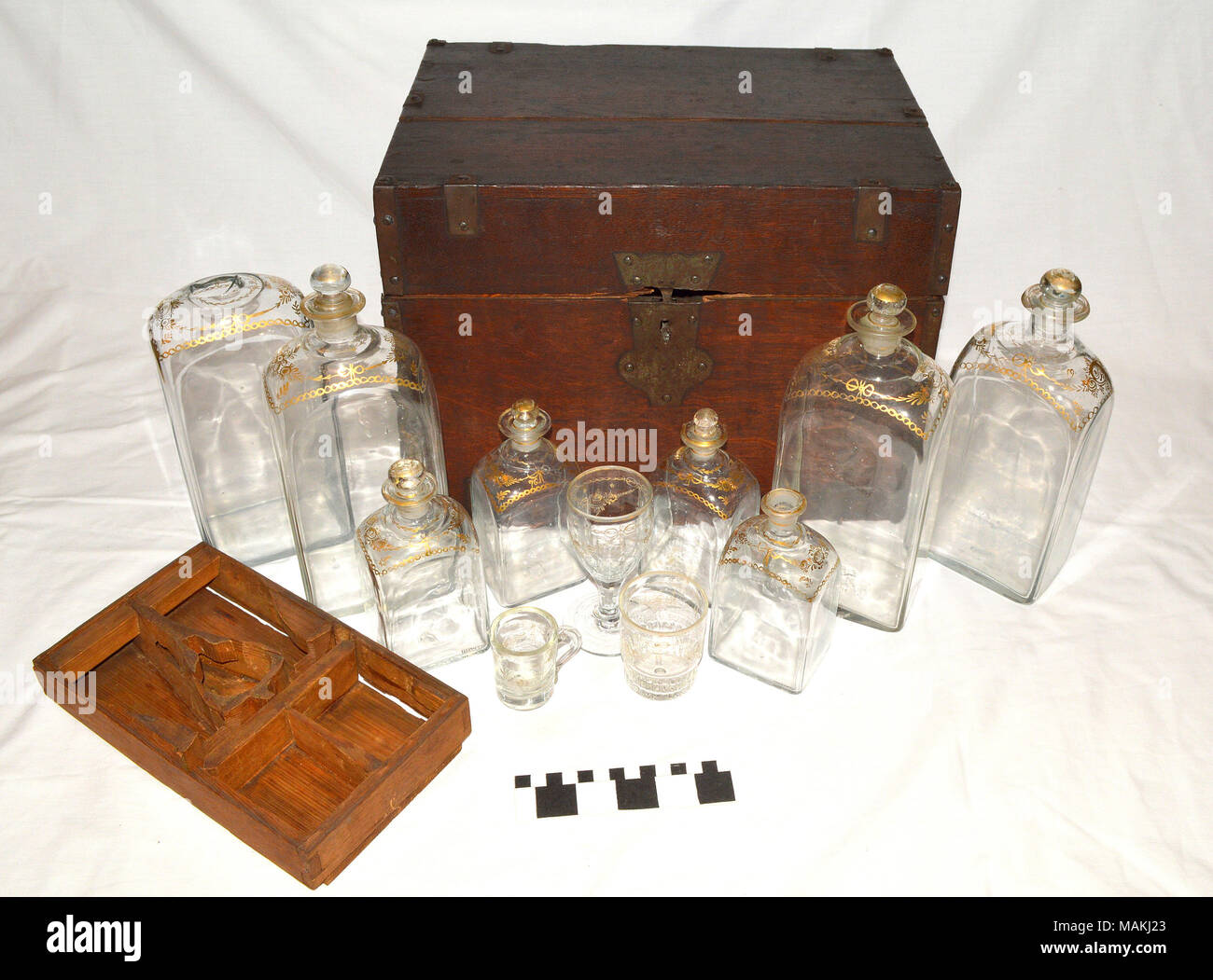 Liquor Chest with blown glass bottles and glasses. Passed down through ...