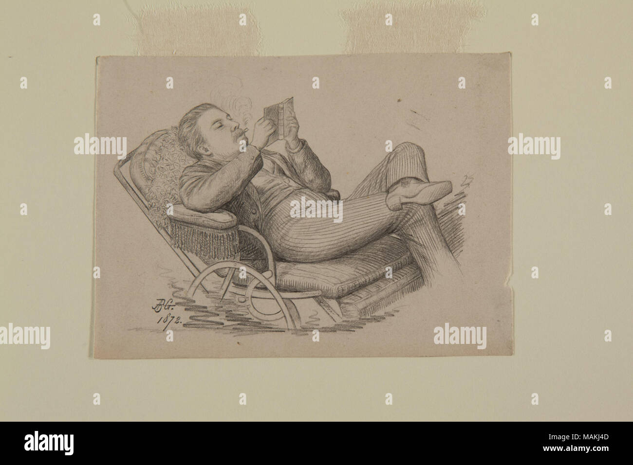 Pencil drawing of a lounging man reading a book by A.B. Greene Title ...