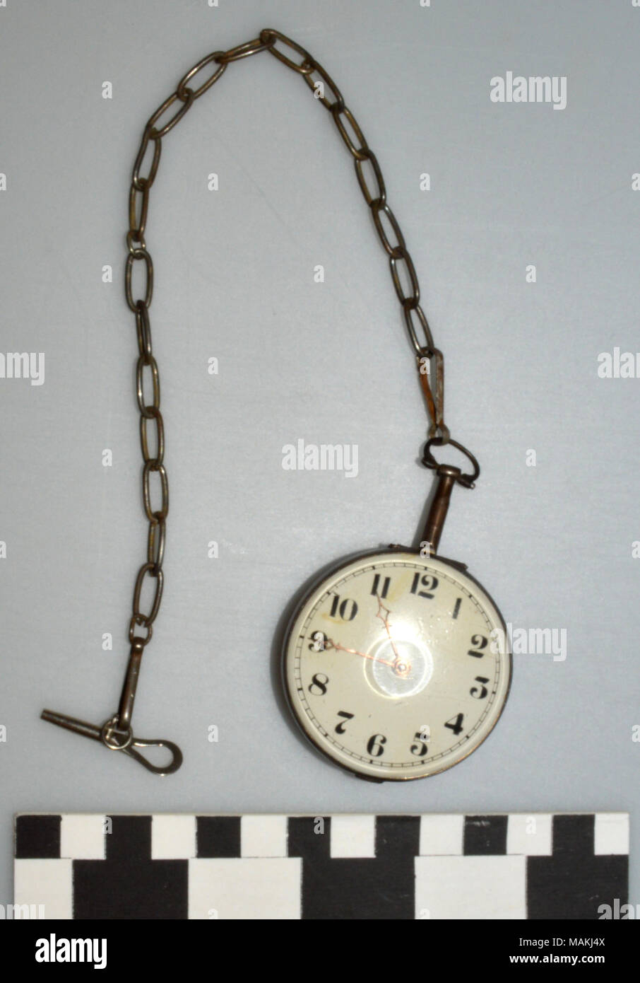 Silver pocket watch on chain with key. Owned by Edward Wilde, an Irish ...