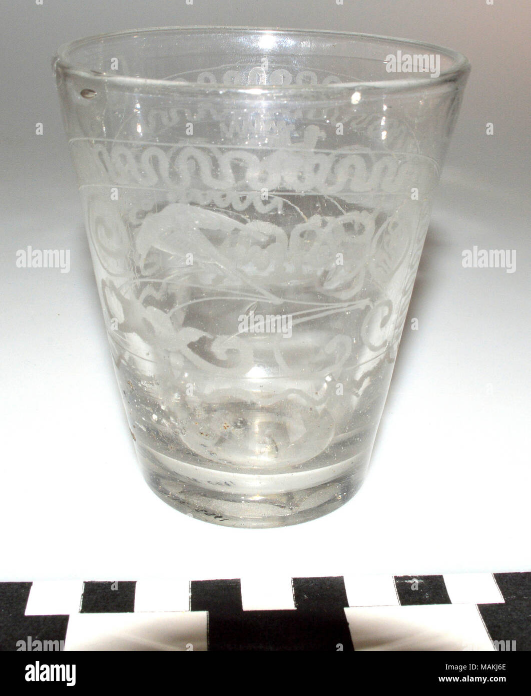 Stiegel type flip glass with etched bird design. Title: Stiegel Type ...