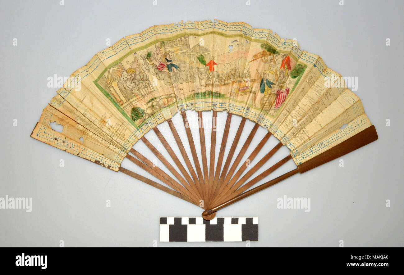French painted paper fan with wood sticks. Features a scene titled 'Le ...