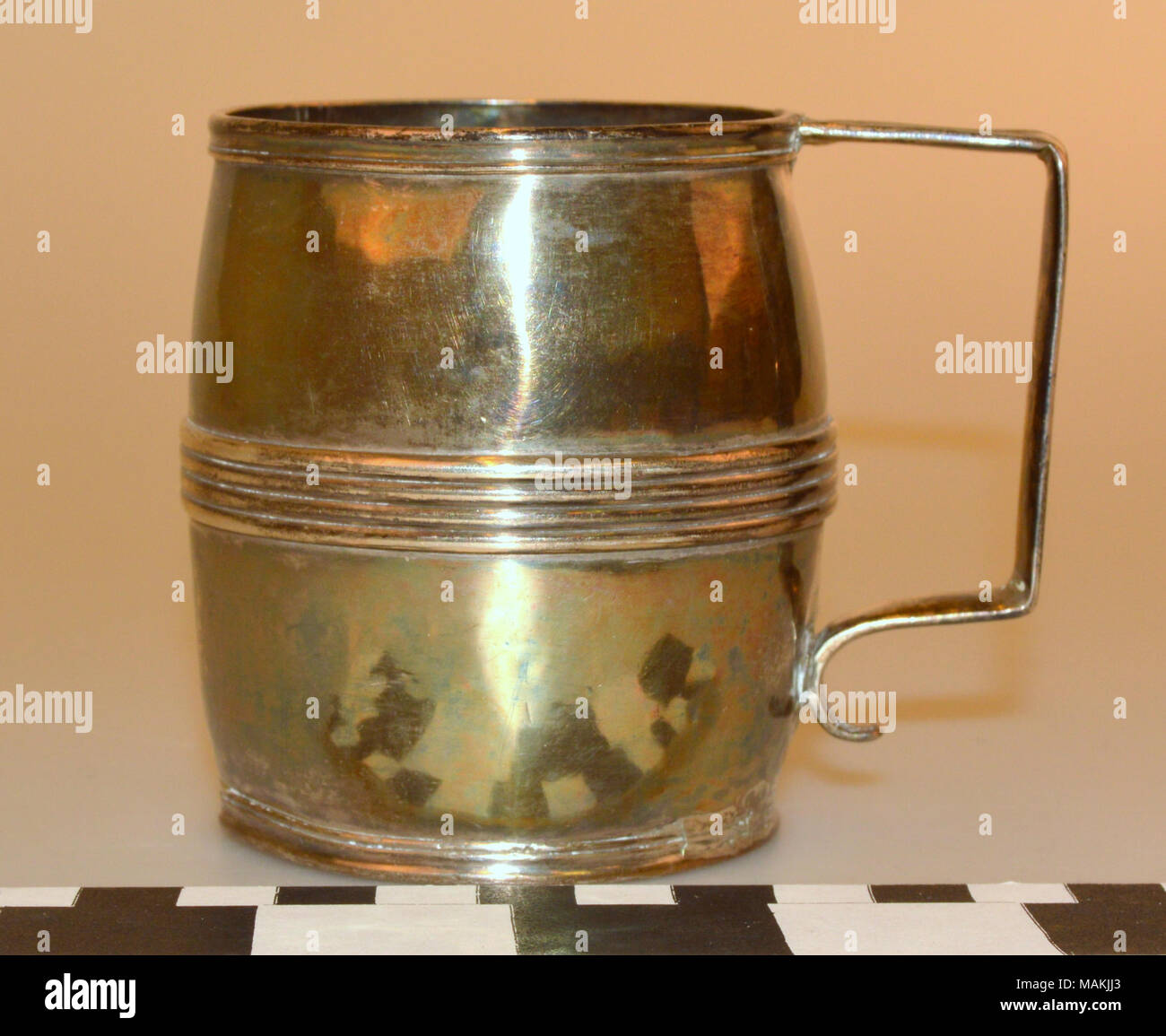 Silver barrel shaped mug that was owned by Auguste Chouteau. Title ...