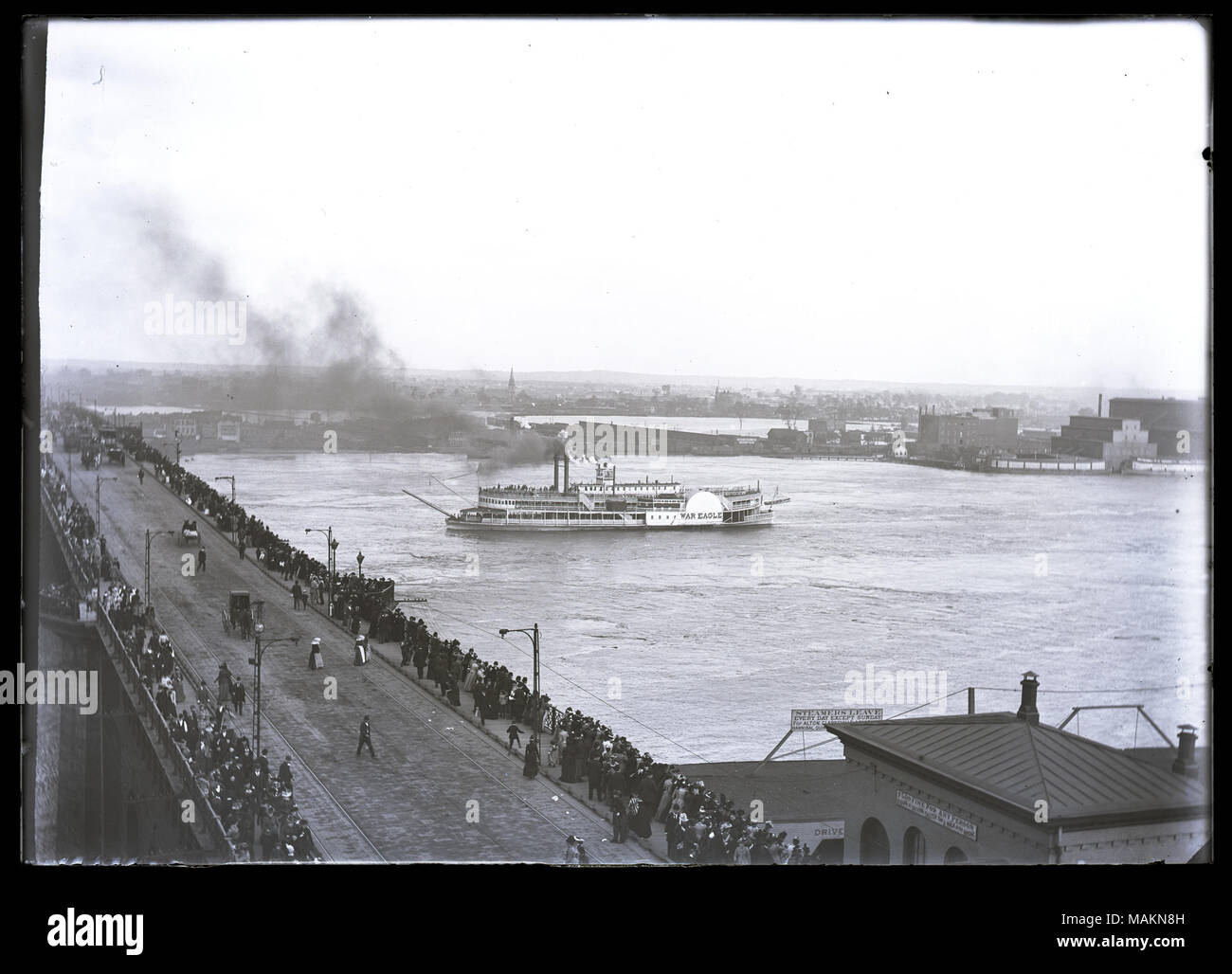 Horizontal, black and white photograph showing the steamboat War Eagle ...