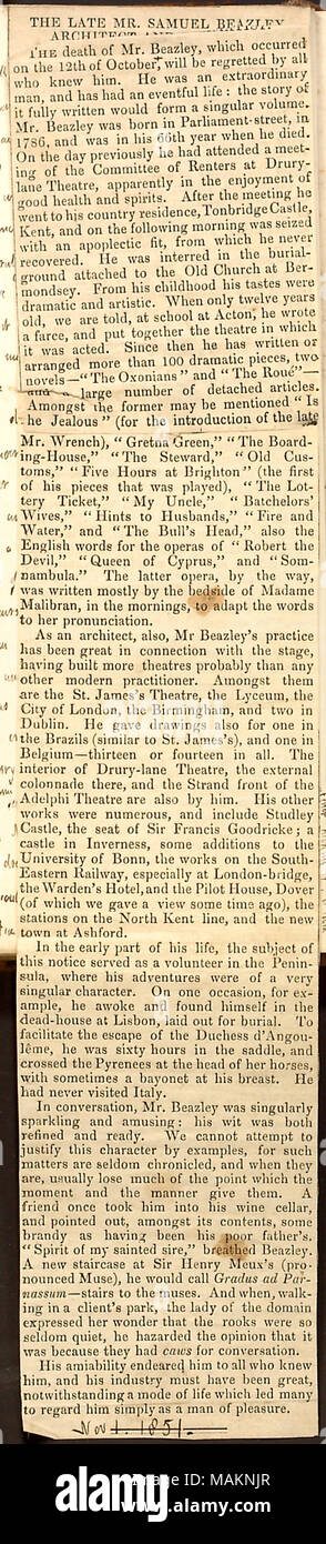 Newspaper clipping of Samuel Beazley's obituary. Transcription: THE ...