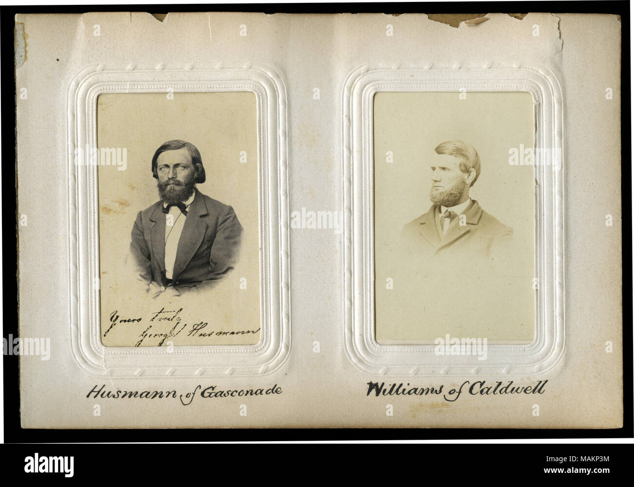 Page seven of the album with bust portraits of George Husmann (left ...