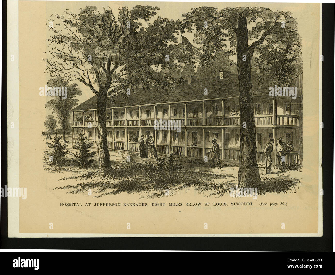 Print of two-story barracks-type building with several figures visible ...