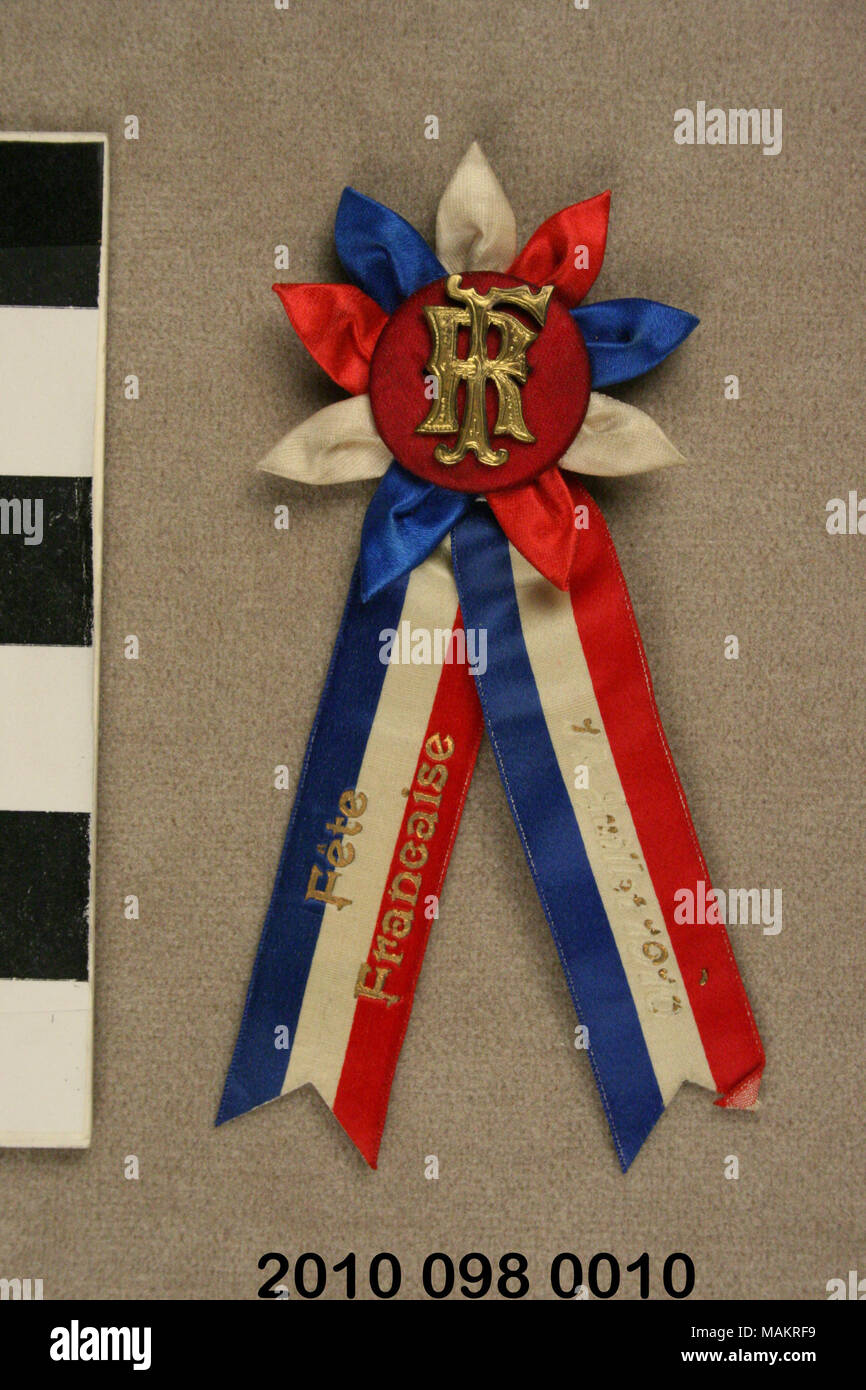 Fete Francaise pin with two attached ribbons from1910. Burgundy fabric ...