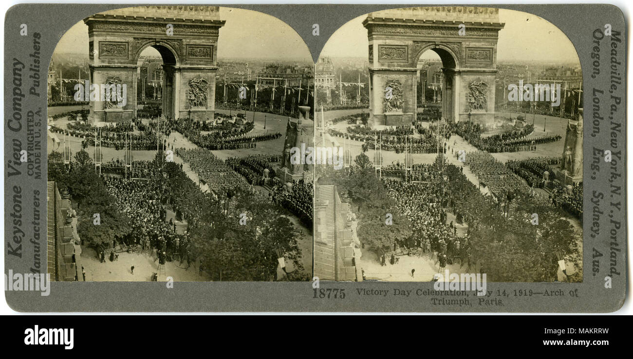 Horizontal, sepia stereocard showing a parade moving towards the Arc de ...