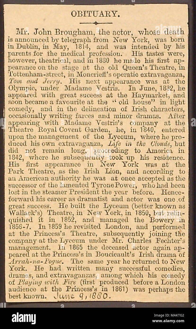 Newspaper clipping of obituary for John Brougham, actor and theatre ...