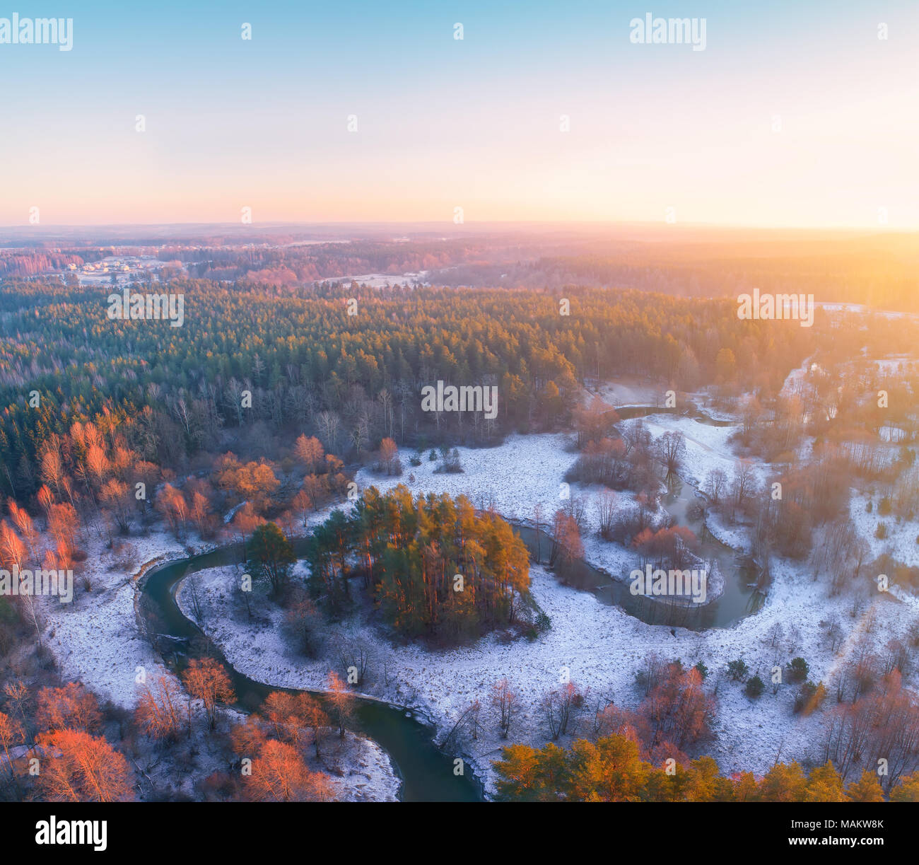 Spring sunny landscape. Spring forest in sunlight aerial view Stock ...