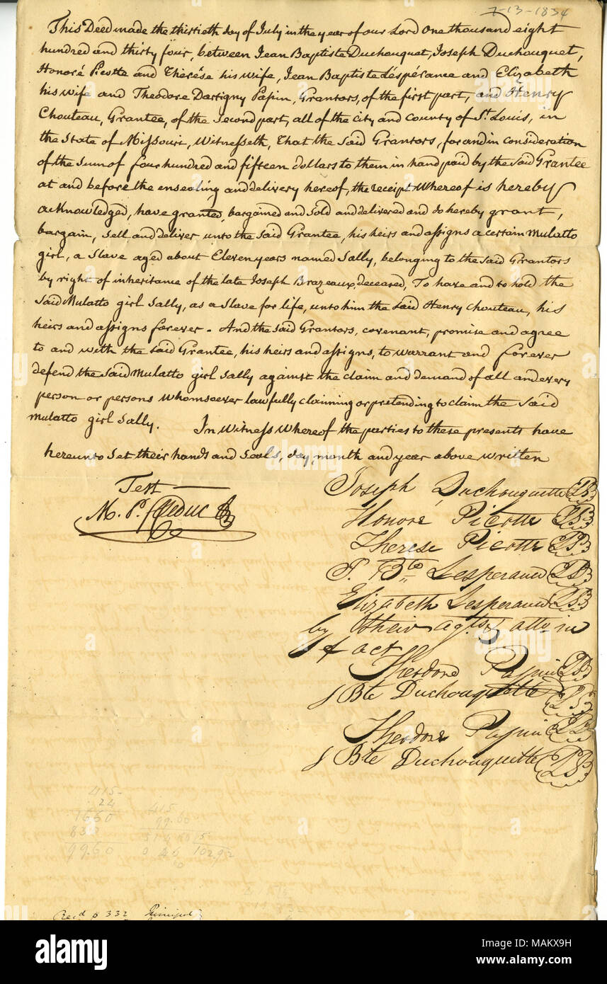 Sale of 11 year old slave girl belonging to Duchouquette et al by right ...