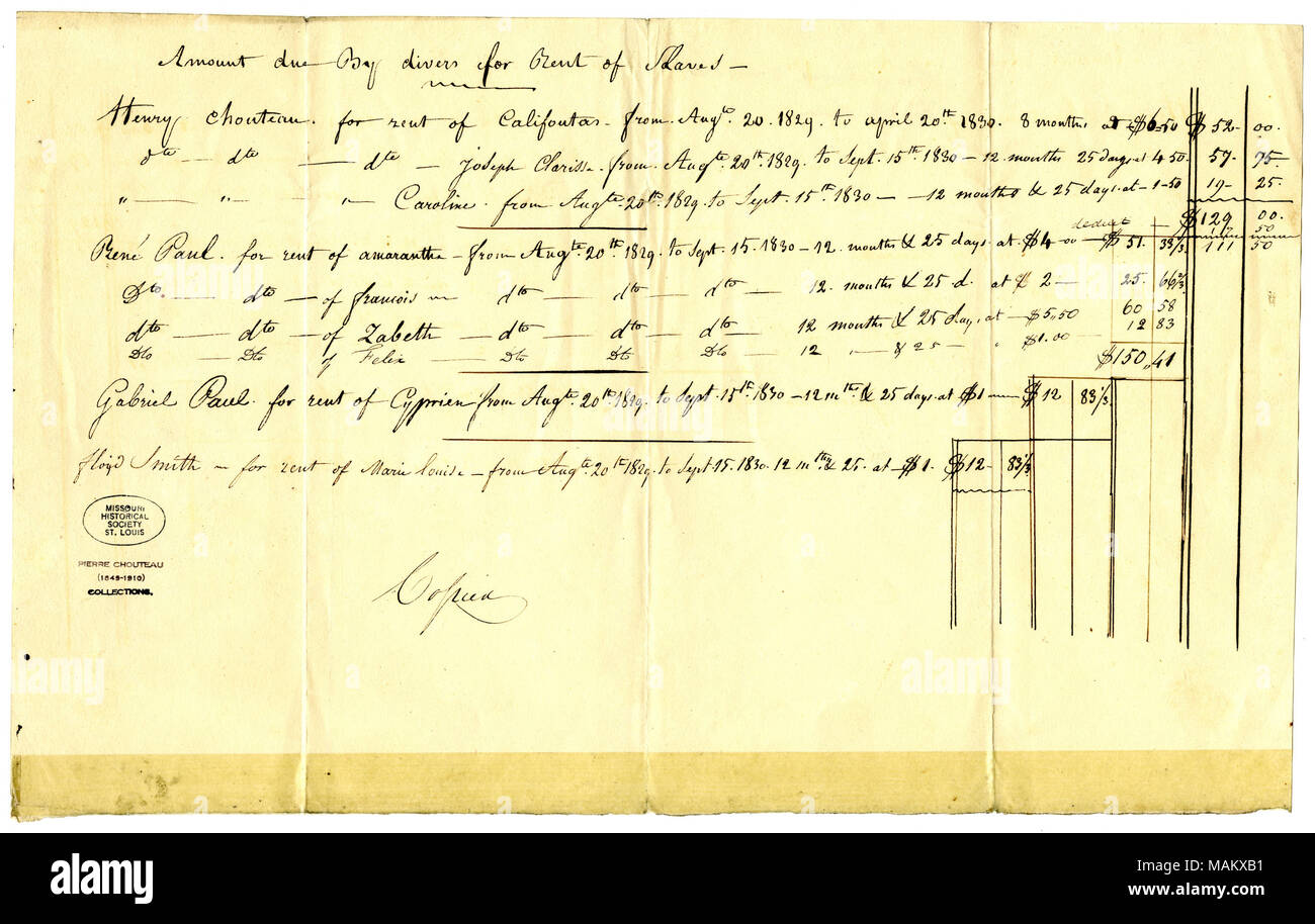Title: Amounts due by heirs for rent of slaves including Henry Chouteau ...