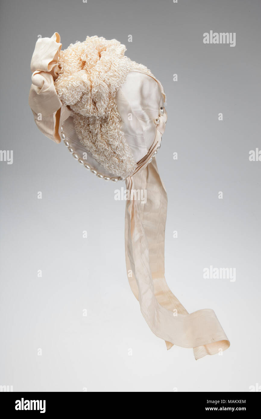 Woman's off-white silk wedding bonnet with pearl trim. Title: Wedding ...