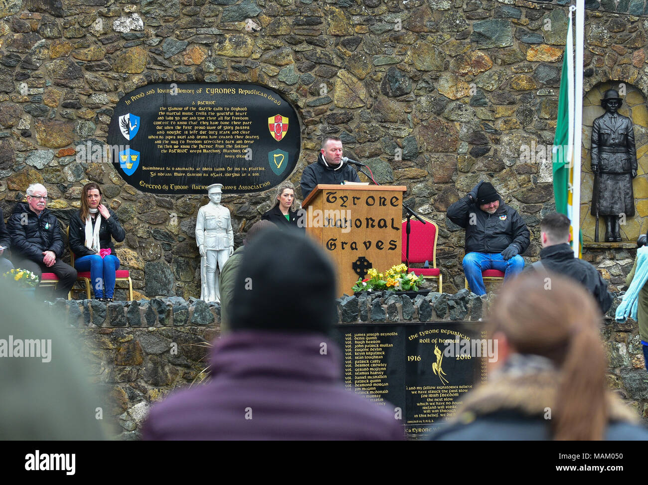 Carrickmore, UK. 2nd April, 2018. Peter McCaughey reads the ...