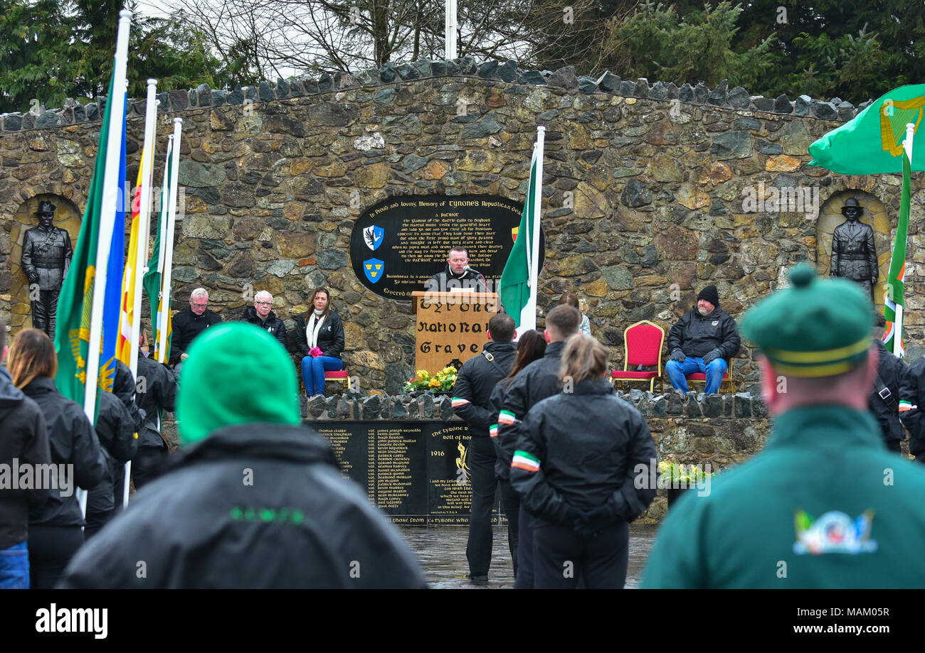Carrickmore, UK. 2nd April, 2018. Peter McCaughey reads the ...