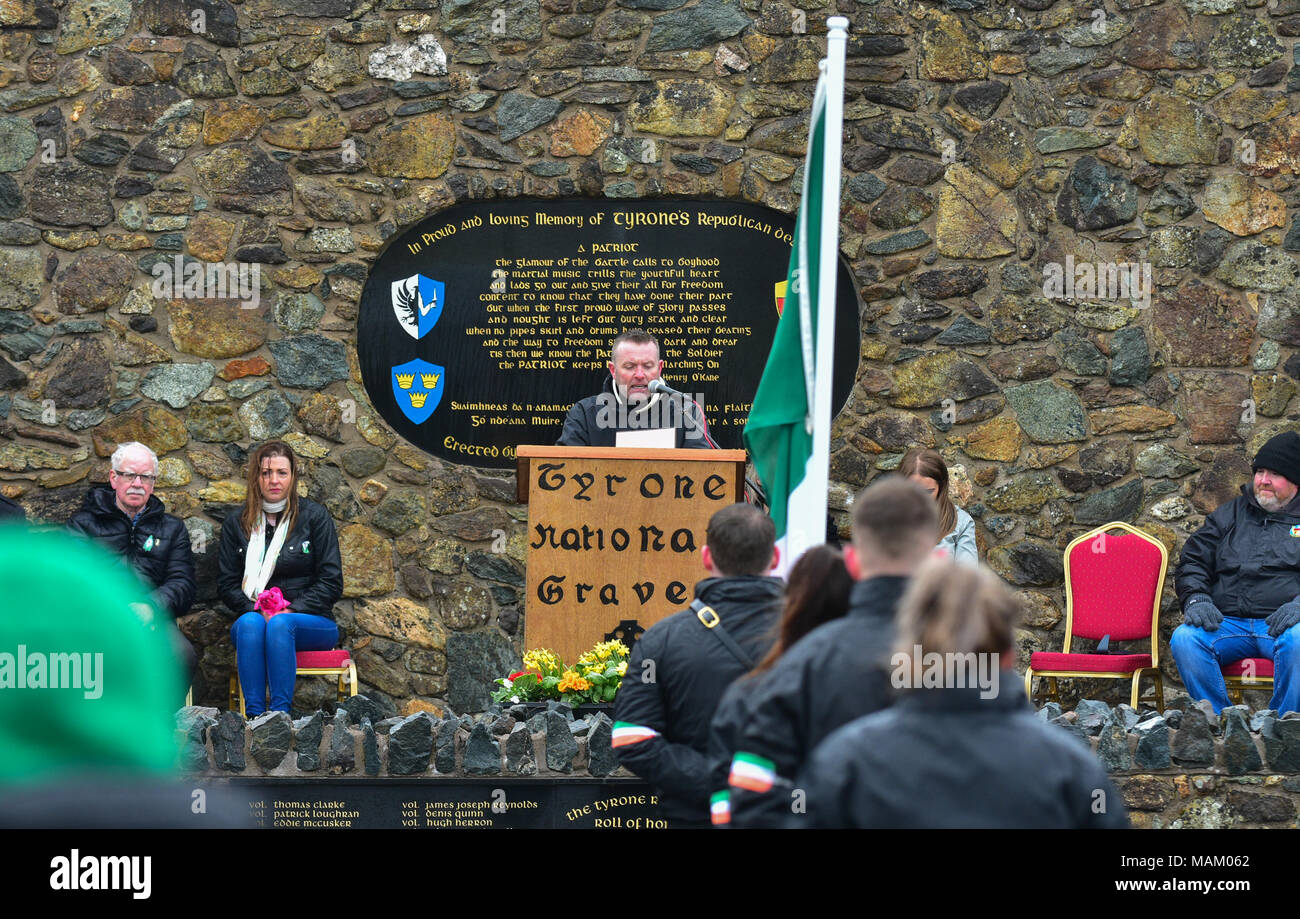 Carrickmore, UK. 2nd April, 2018. Peter McCaughey reads the ...