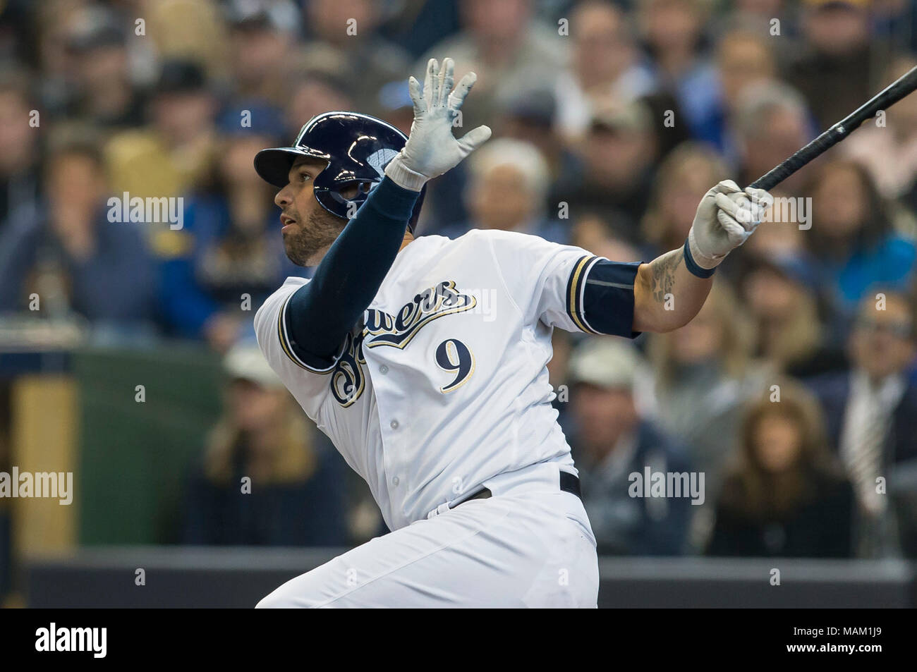 Milwaukee, WI, USA. 2nd Apr, 2018. Milwaukee Brewers catcher Manny Pina ...