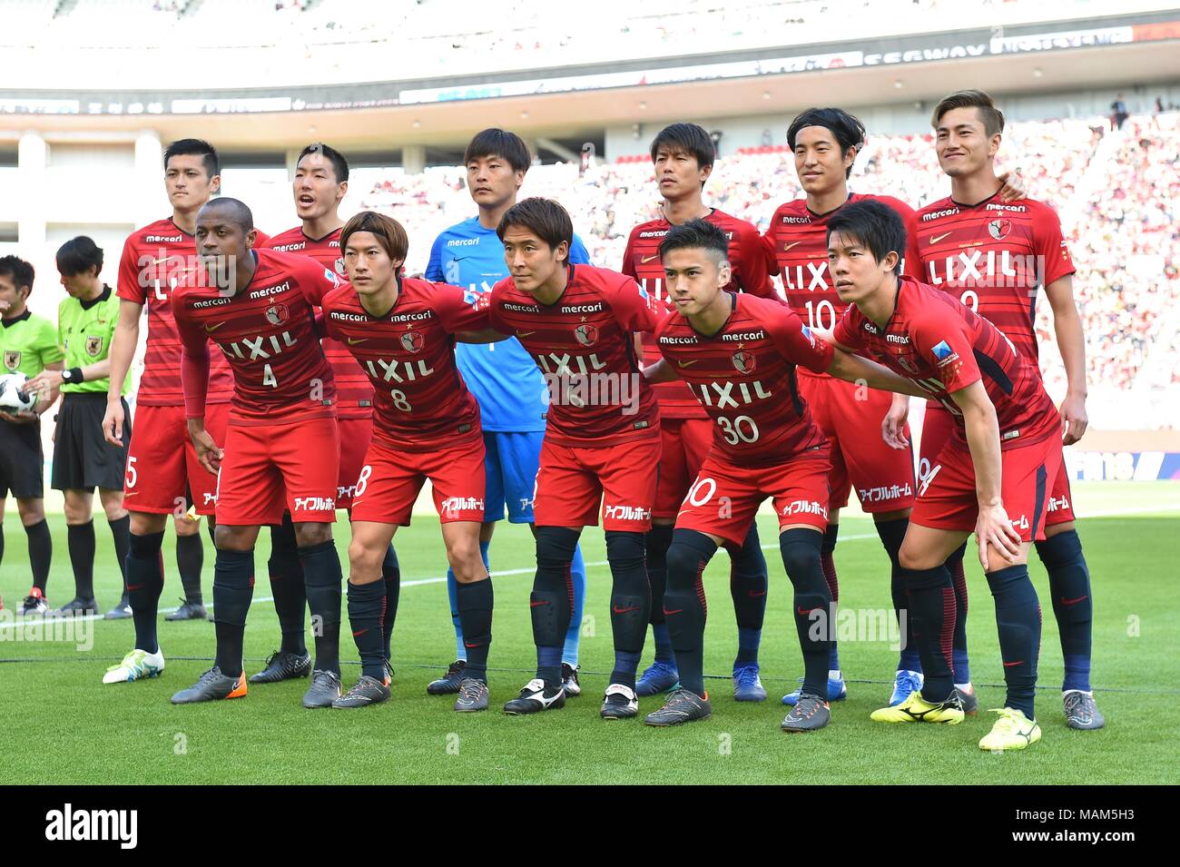 Ibaraki, Japan. 31st Mar, 2018. Kashima Antlers team group line-up ...