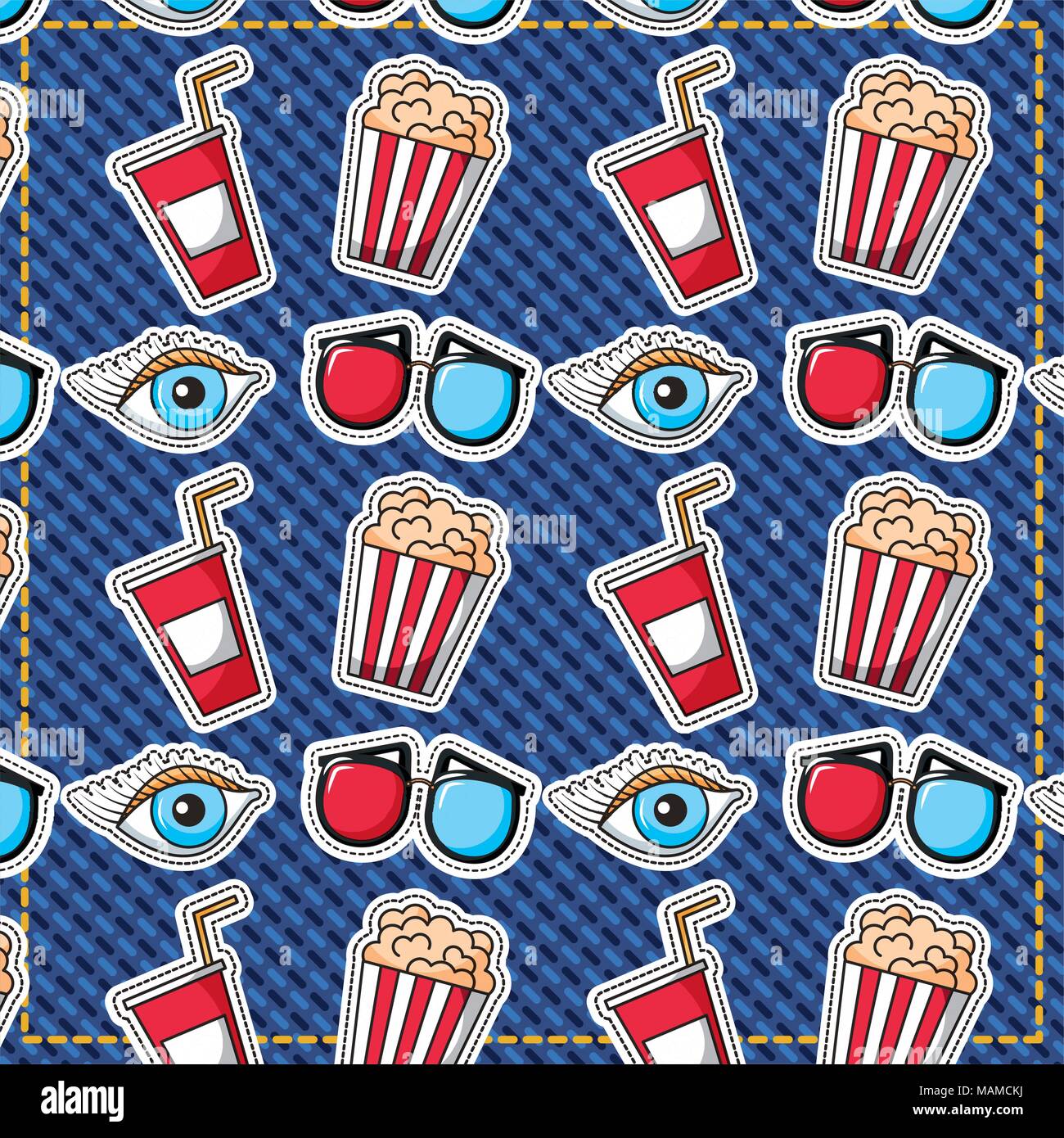 patches fast food movie 3d glasses eye popcorn background Stock Vector ...