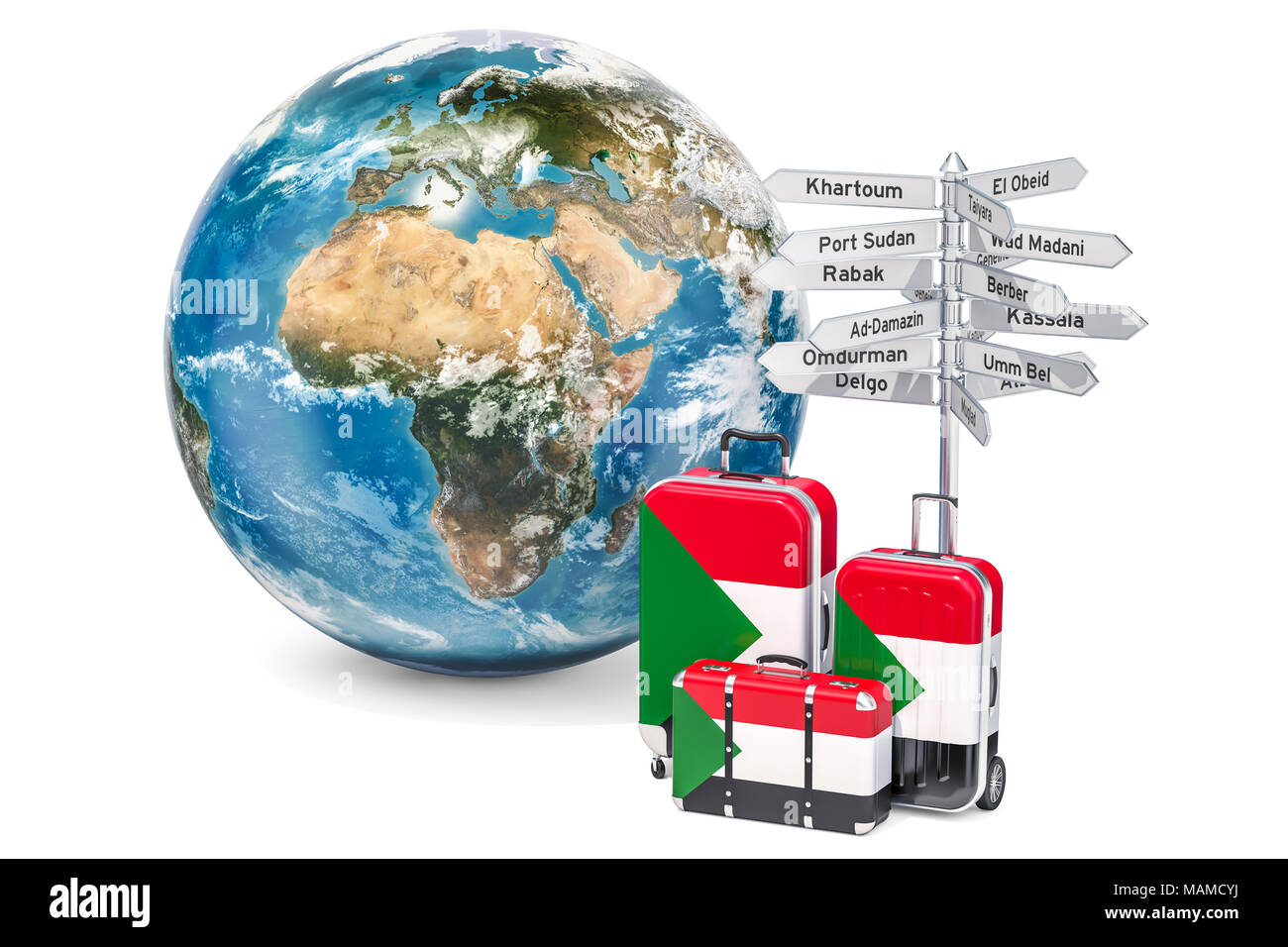 Sudan travel concept. Suitcases with Sudanese flag, signpost and Earth ...