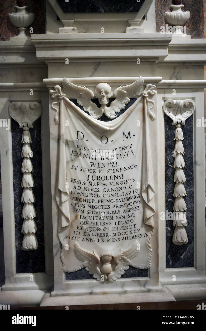 Rome, Italy - November 18, 2017 Marble plaque with a skull in the ...