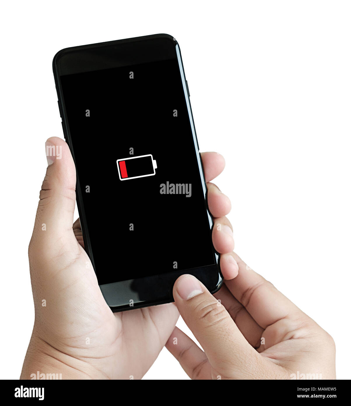 Close up man hands using smart phone battery low charged battery screen ...